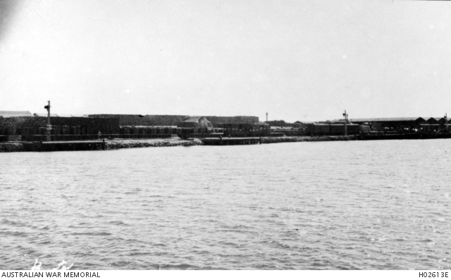 Kantara, Egypt. c. 1917. A line of wharves and warehouses on the Suez ...