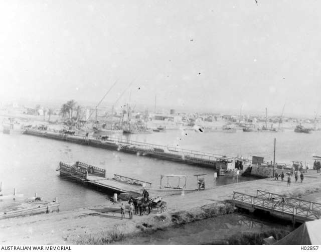 Kantara, Egypt. c. 1916. Wharves and warehouses seen from the western ...