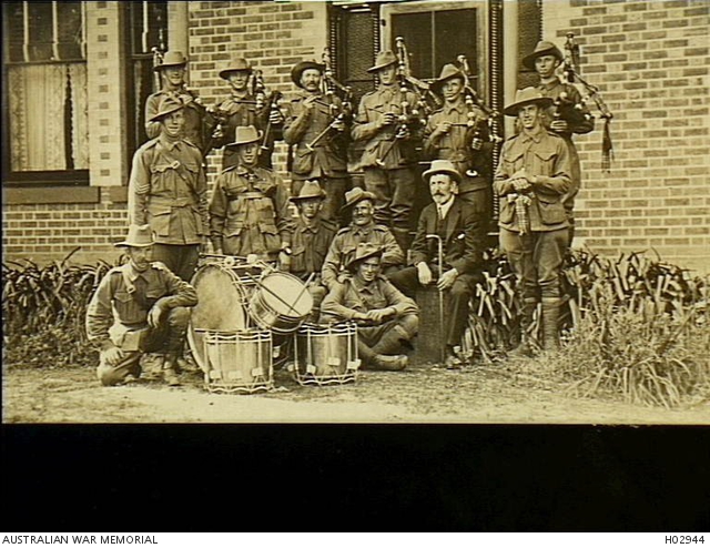 Broadmeadows Camp, Victoria. c. 1915. The Pipe Band of the original 5th ...