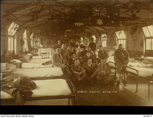 Harefield, England. 1918-12-25. Patients and staff of Ward 30, No 1 ...