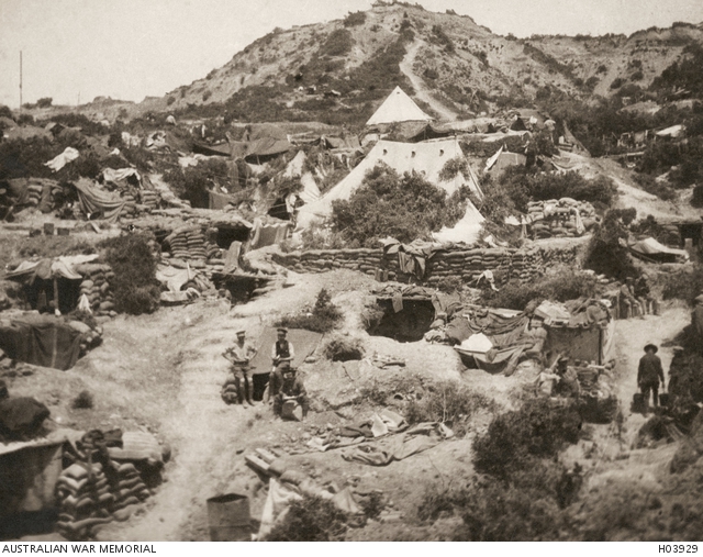 GALLIPOLI, TURKEY. SANDBAGGED DUGOUTS, TENTS AND TROOPS BEHIND ANZAC ...