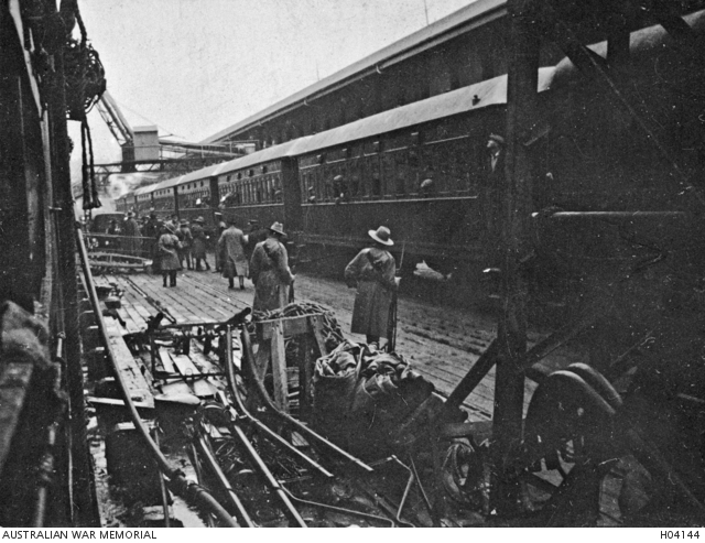 Darling Harbour, Sydney, NSW. Australian soldiers stand by as a train ...