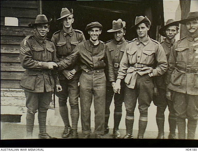 Plymouth, England. 1918-07. A group of six Australian soldiers and one ...