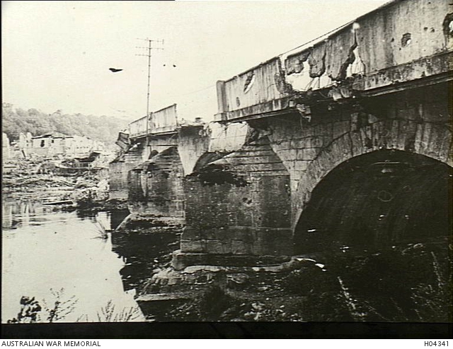 Meuse River, France. 1918-09-24. A bridge over the river at St Mihiel ...