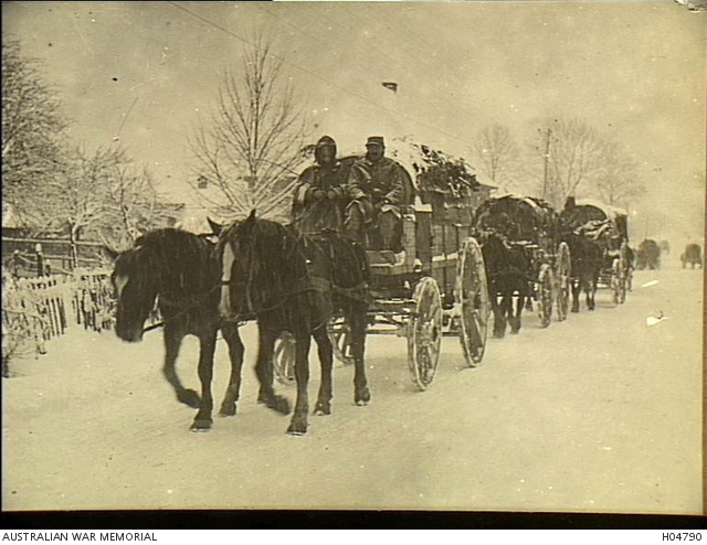 Alsace, France. c. 1917. A convoy of French Army horse drawn wagons ...