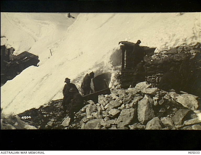 Italy. c. 1918. Italian Army Alpine dugouts at the snowline. (Donor ...