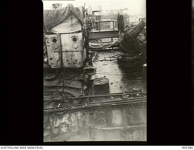 Germany. 1917-05-03. Shell damage to the deck of German torpedo boat V1 ...