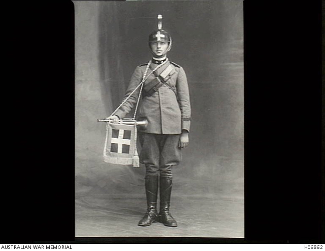 Italy. c. 1918. Portrait of a corporal bugler in the Italian Army heavy ...
