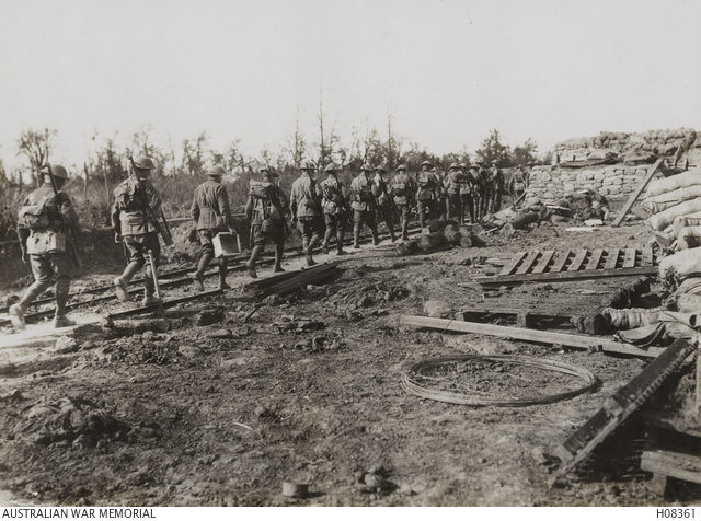 Western Front. c. 1916. ANZAC soldiers moving up to front line trenches ...