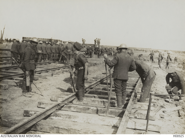 France. c. 1918. British Army Royal Engineers building a new railway ...