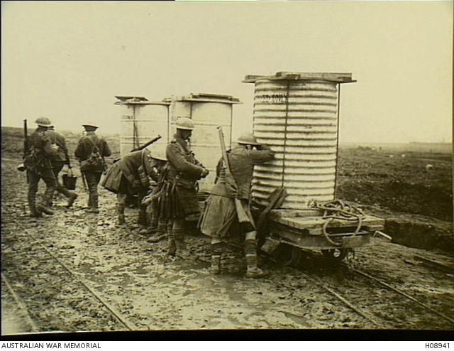 Pozieres, France. c. 1917. A group of British Army troops, including ...