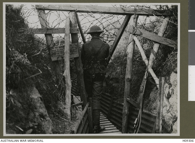 A barbed wire gate in a British Army trench intended to slow the enemy ...