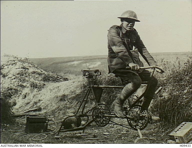 Moislains, France. c. 1918. A British Army soldier testing a captured ...