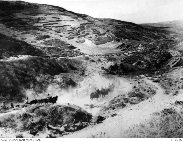 Palestine. c. 1917. British Army cavalry moving through a valley on the ...