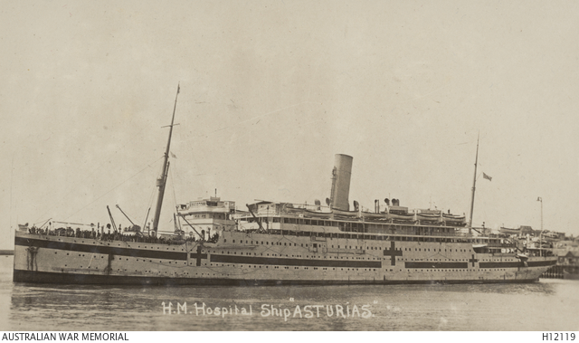 Port side view of the British hospital ship Asturias. (Donor Mrs F. C ...