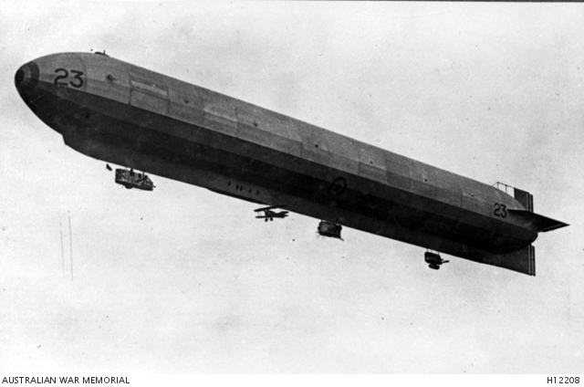 RIGID AIRSHIP R.23 CARRYING A SOPWITH CAMEL SLUNG UNDER THE HULL ...