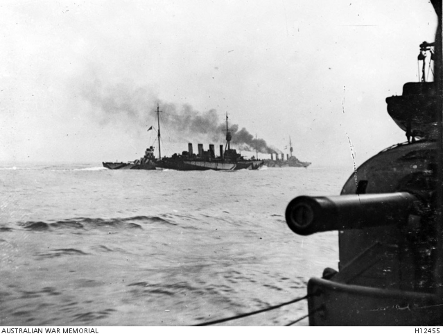 At Sea. c. 1915. Australian Navy cruiser HMAS Melbourne with British ...