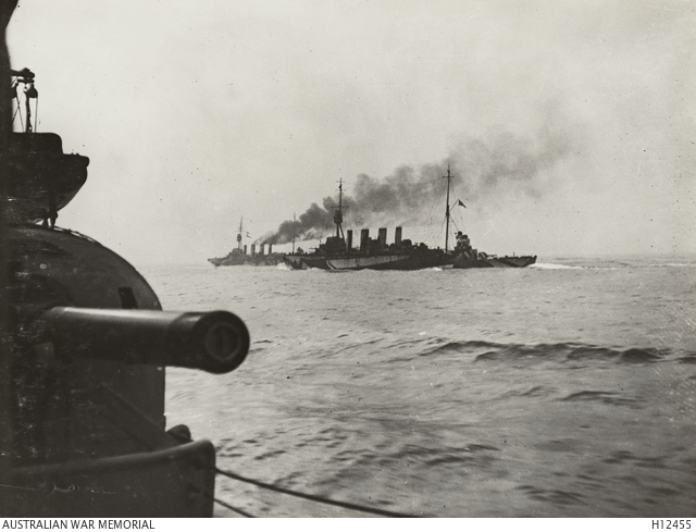 At Sea. c. 1915. Australian Navy cruiser HMAS Melbourne with British ...