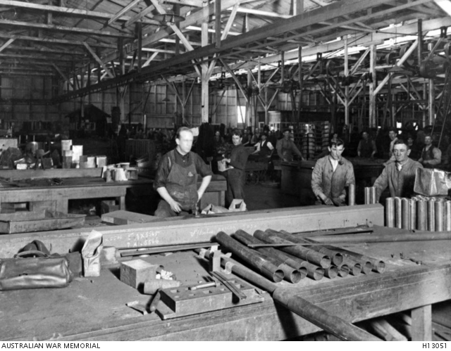 Melbourne, Victoria. Returned WW1 soldiers in the tinsmith shop at a ...