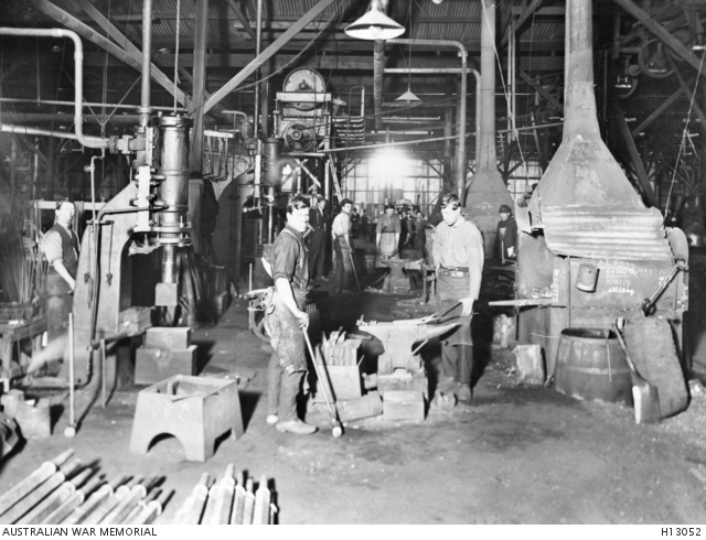 Melbourne, Victoria. Returned WW1 soldiers in the blacksmith's shop at ...