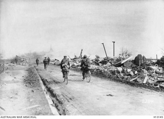 Somme, France. March 1917. German Army cyclists riding through a ...