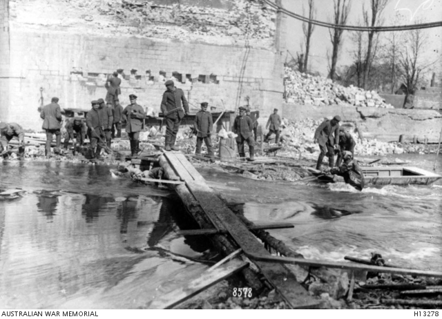 Lys Area, France. April 1918. German Army engineers repairing a bridge ...