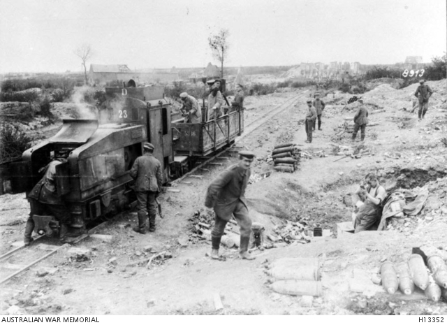 France, April 1918. A German Army light railway train in a battle area ...