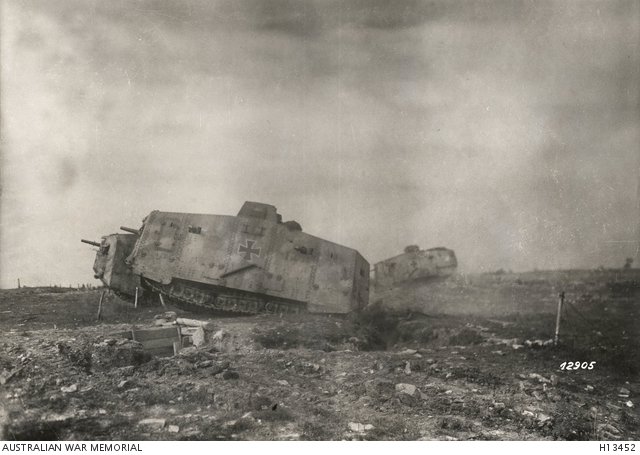 Three German A7V tanks advancing during a training exercise in the ...