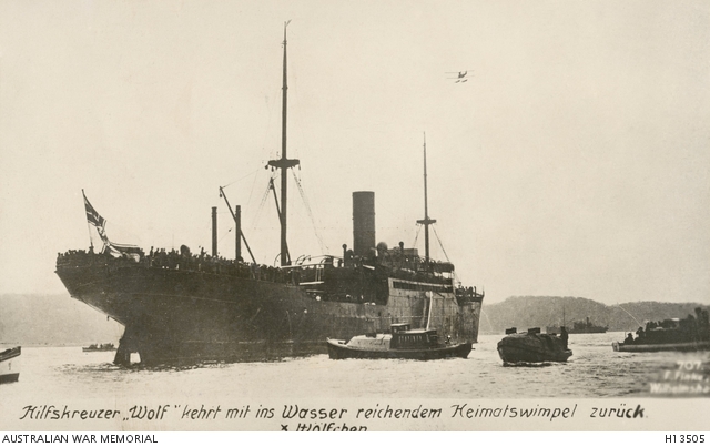 THE GERMAN RAIDER "WOLF" SHOWING THE "WOLFCHEN", THE SEAPLANE WHICH SHE ...