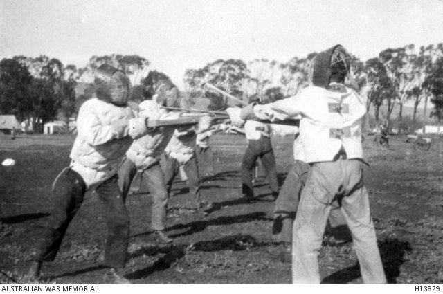 South Australia. 1917. A squad of AIF trainees at bayonet fighting ...
