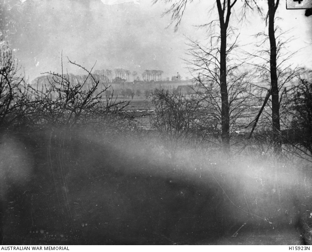 Fauquissart, France. c. 1915. An indistinct photograph in a panoramic ...