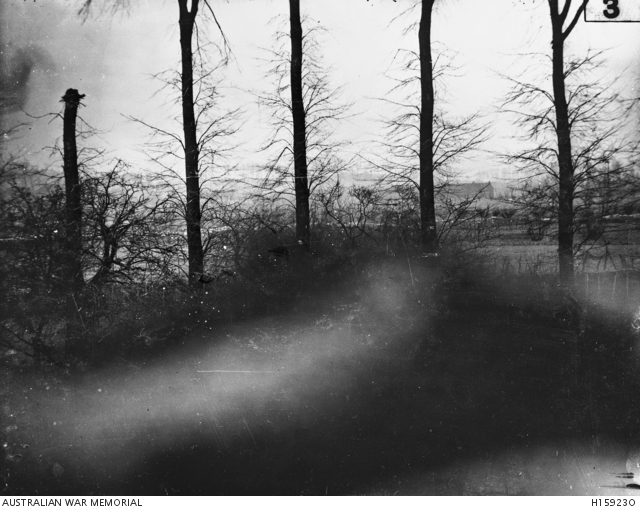 Fauquissart, France. c. 1915. An indistinct photograph in a panoramic ...