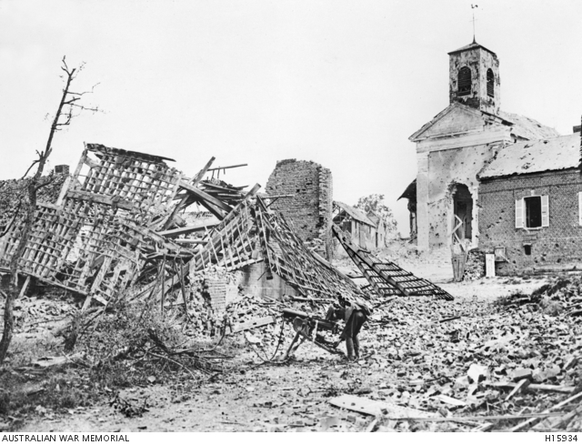 Chipilly, France. 10 August 1918. Wrecked buildings in a section of the ...