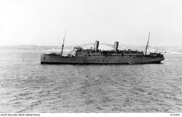 The British troop transport HMT Royal George standing offshore with the ...