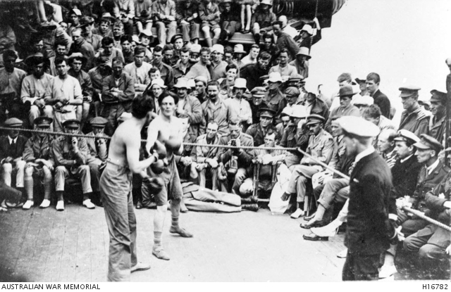 At Sea. September 1919. A boxing match aboard the Australian transport ...