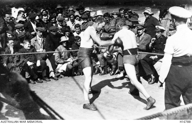 At Sea. September 1919. A boxing match aboard the Australian transport ...