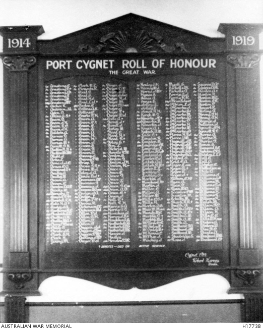 Port Cygnet, Tasmania. A WWI Roll of Honour listing the persons in the ...
