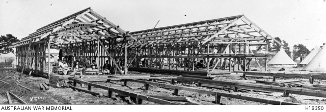 Broadmeadows, Victoria. 1915. Huts being built to replace tents at an ...