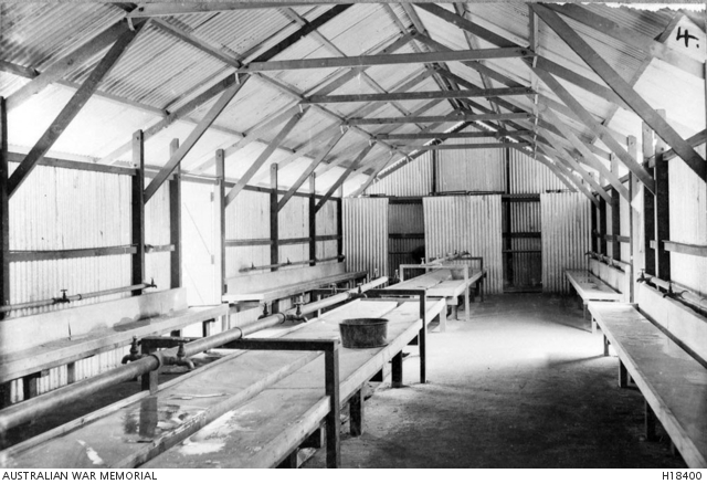 Broadmeadows, Victoria. The interior of a standard ablution hut at Broadmeadows Army Camp ...