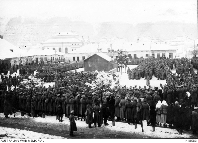 A large gathering of troops on the road of the Great Retreat between ...