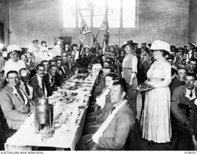 London, England. Convalescent English and Australian soldiers at a tea ...