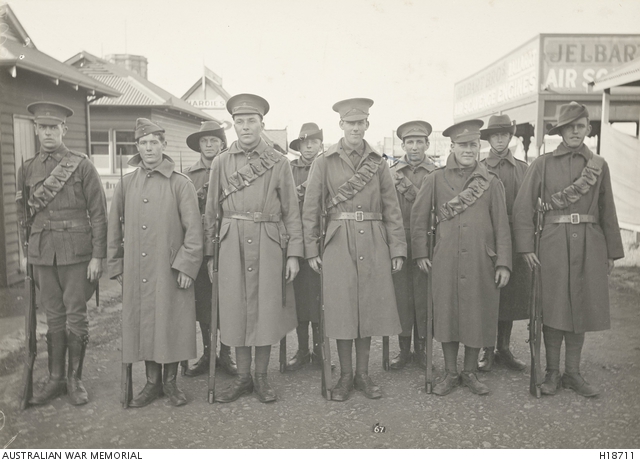 Outdoor group portrait of recruits at the Melbourne Showgrounds Camp ...