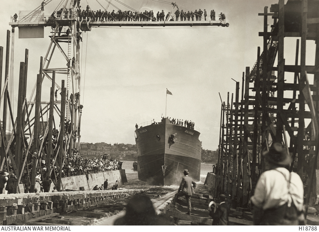 The launching of the Fleet Collier Biloela at Cockatoo Island. This ...