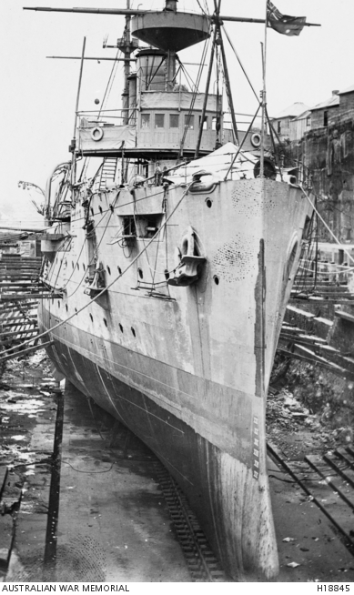 The Light Cruiser HMAS Encounter in dry dock shortly after being taken ...