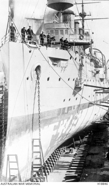 The Light Cruiser HMAS Encounter in dry dock shortly after being taken ...