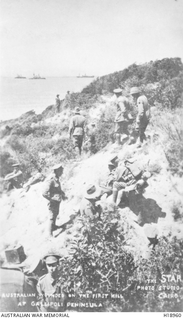 LOOKING FOR WOUNDED ON THE HILLS, ANZAC, 1915-04-25. (PRESENTED BY MRS ...