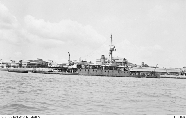 HMS Mersey, British monitor at Zanzibar Africa. View of ship with the ...