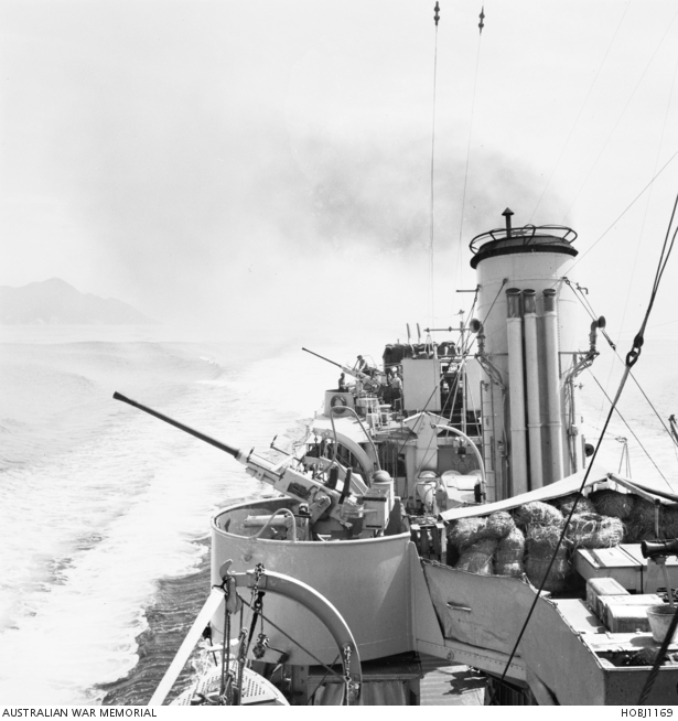 A view taken from from the bridge of of HMAS Bataan looking back ...