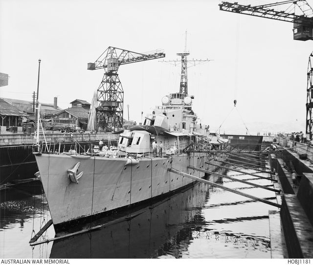 The Royal Navy destroyer HMS Comus (D20) in dry dock for repairs at ...