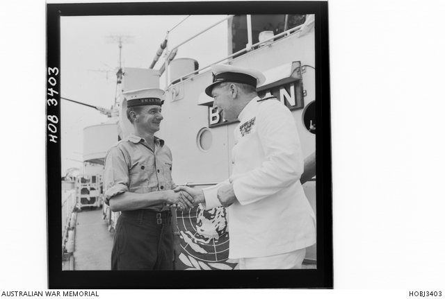 At sea. 1 August 1952. Visiting HMAS Bataan during his inspection of ...